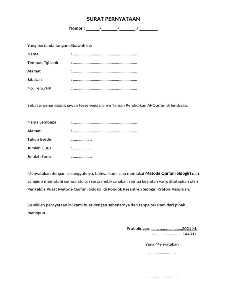Surat Pernyataan TPQ | PDF