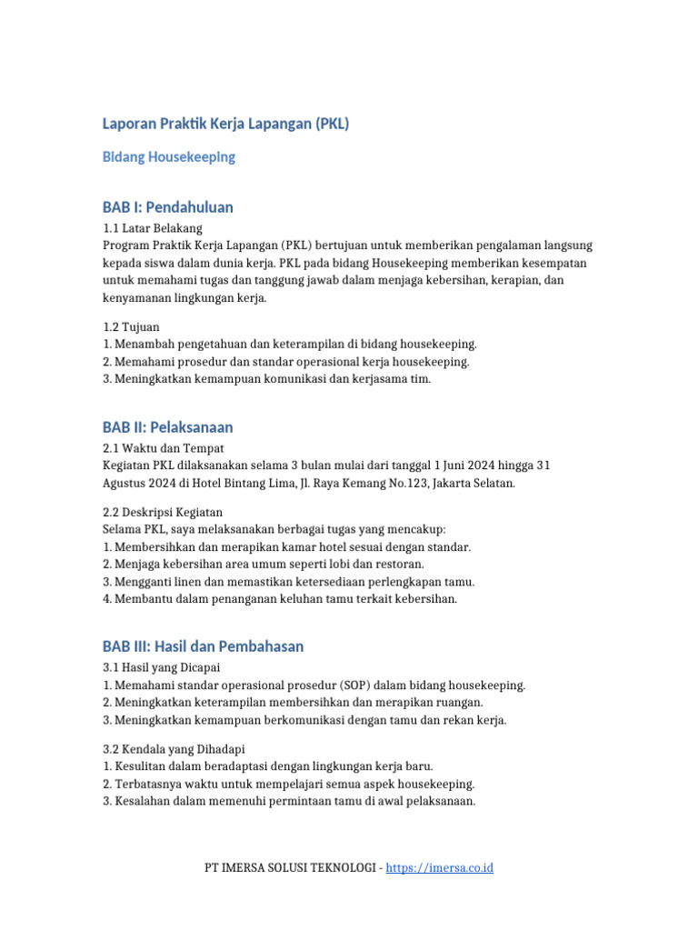 Contoh Laporan PKL Housekeeping | PDF