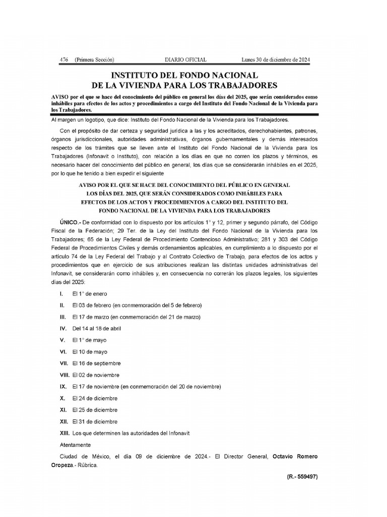 Días Inhabiles 2025 INFONAVIT DOF 30 Dic 2024 | PDF