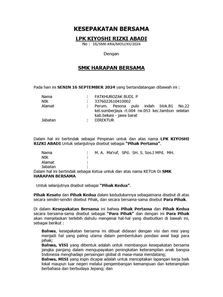 Draft Mou LPK Kra & SMK Harapan Bersama | PDF