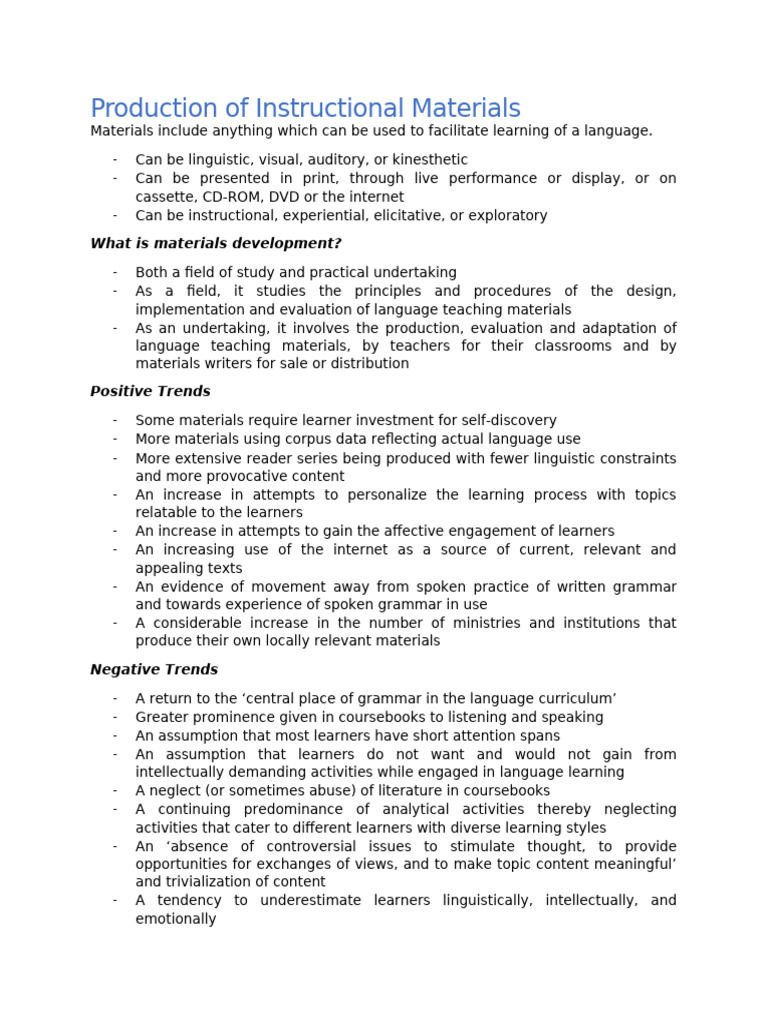 Production of Instructional Materials | PDF | Learning | Textbook