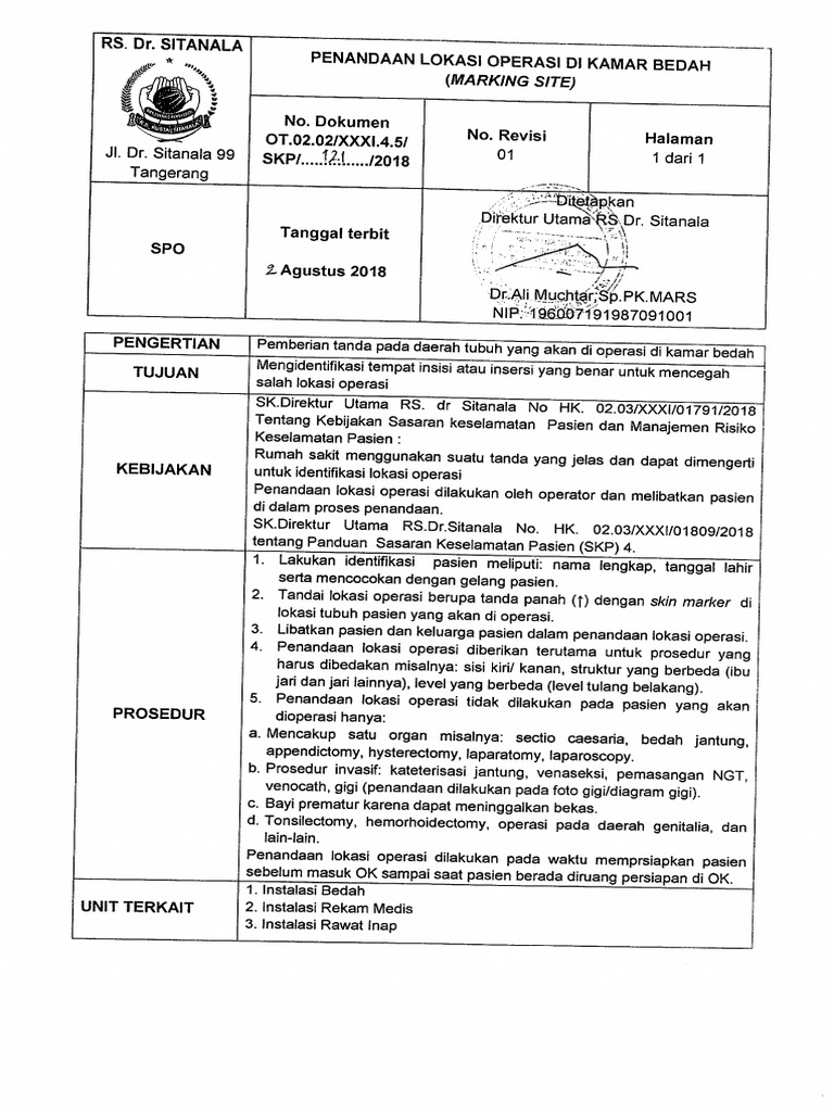 SPO Penandaan Lokasi Operasi Di Kamar Bedah (Marking Site) | PDF