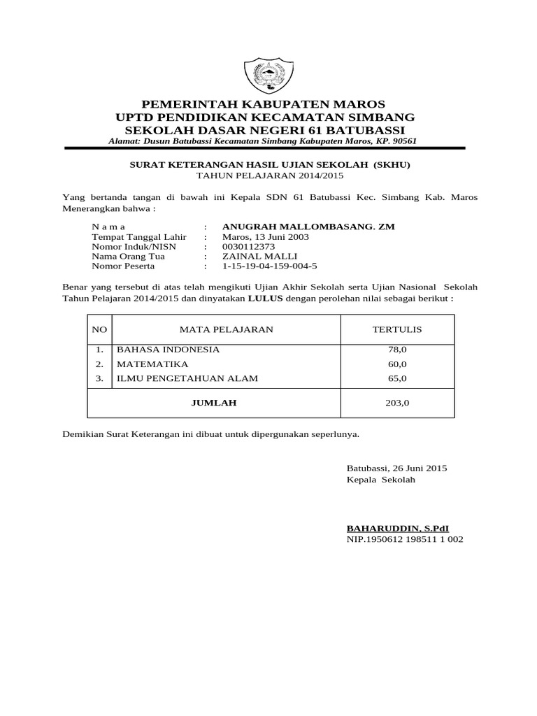SKHU SDN 61 Batubassi 2014/2015 | PDF
