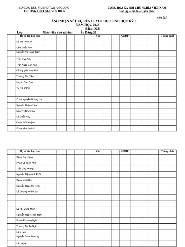 10c1- Mẫu m3-Nhận Xét Hk -Gvcn Và Gvbm | PDF