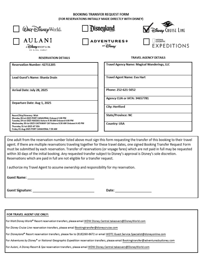 Disney Booking Transfer Form | PDF | Amusement Park Companies | Walt Disney