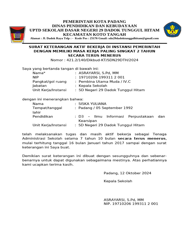 Surat Keterangan Aktif Bekerja Okk | PDF