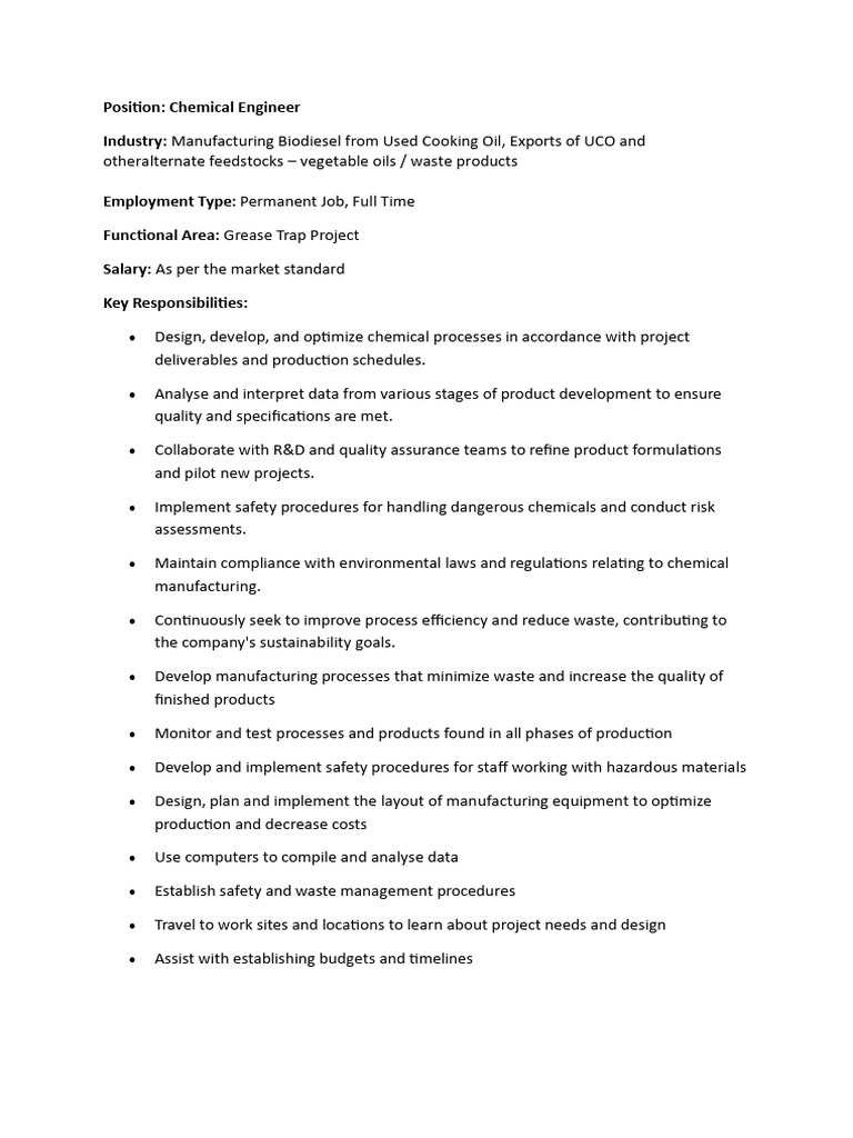 Chemical Engineer for Biodiesel Production | PDF