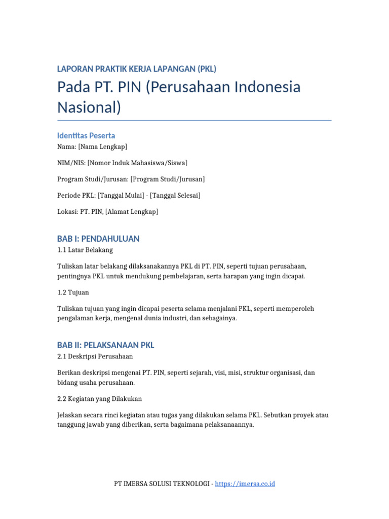 Contoh Laporan PKL di PIN | PDF