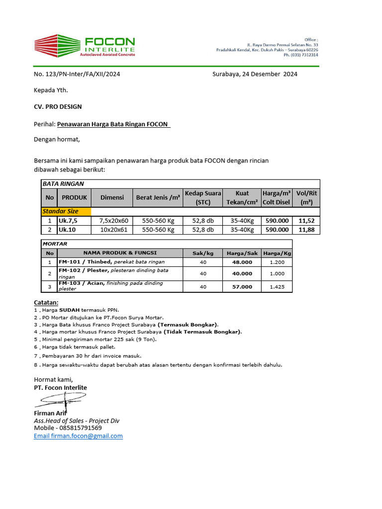 Penawaran Harga Bata Ringan FOCON | PDF