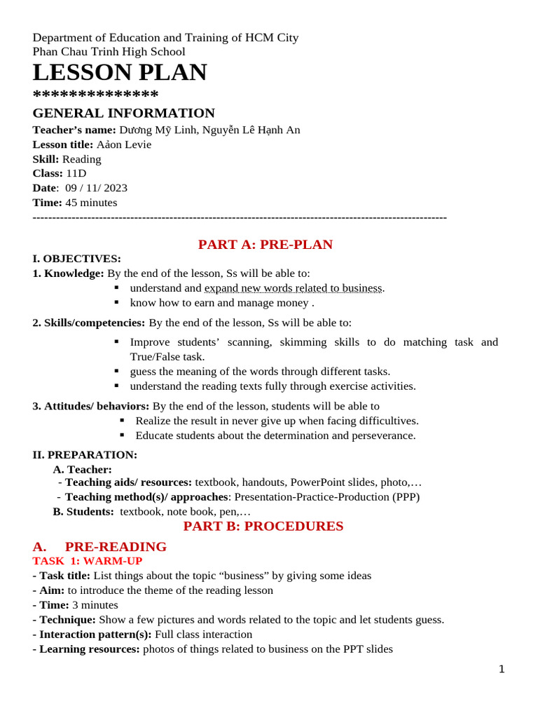 Lesson Plan Grade 11 4F Reading Final | PDF | Reading Comprehension ...