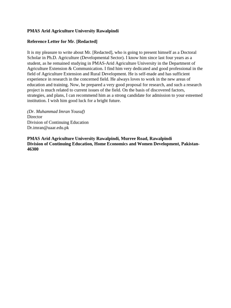 Reference Letter for PhD Candidate in Agriculture | PDF