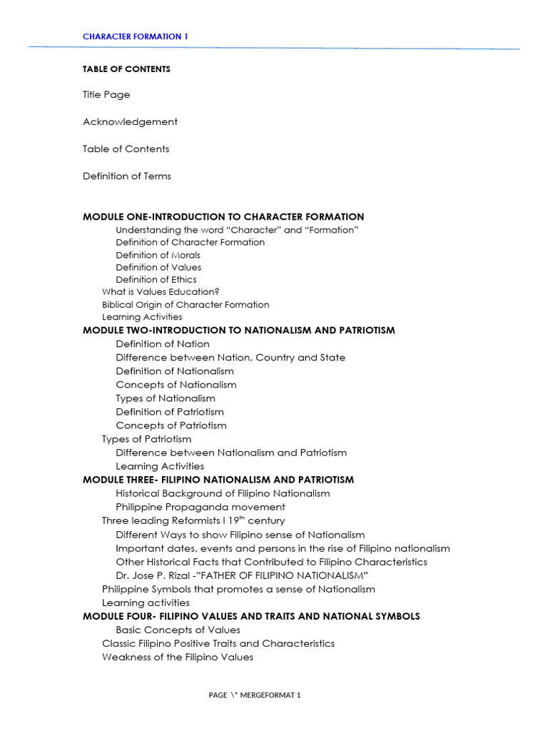 Module One-Introduction To Character Formation | PDF | Nationalism | Morality