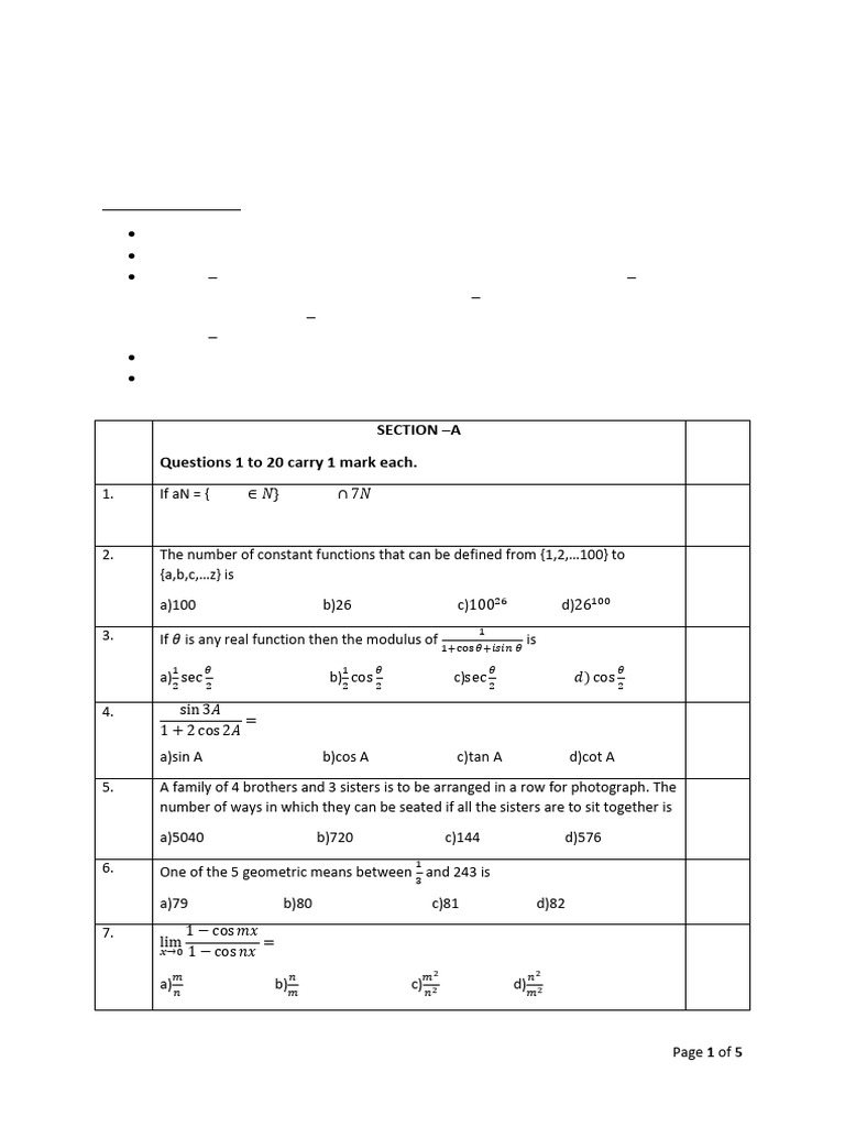 Mathematics Sample Paper Class 11 Cbse | PDF | Ellipse | Mathematical ...