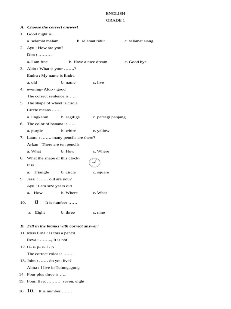 Grade 1 English Quiz | PDF