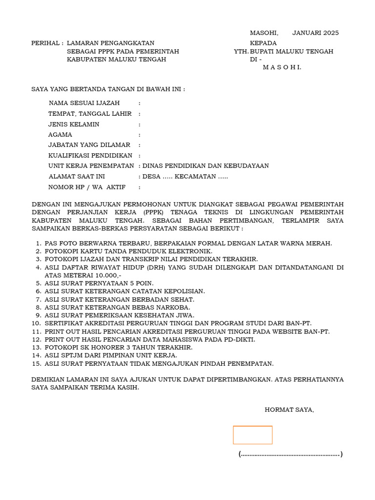 FORMAT SURAT LAMARAN PPPK Teknis 2024 | PDF