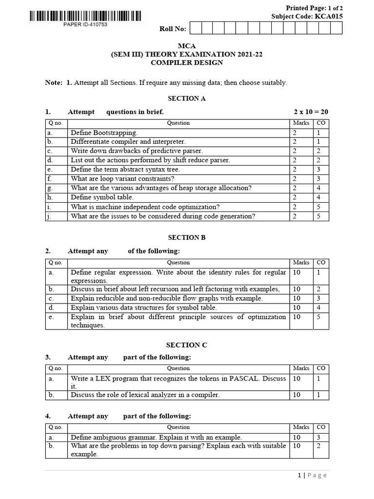 mca-3-sem-compiler-design-kca015-2022 | PDF | Parsing | Compiler