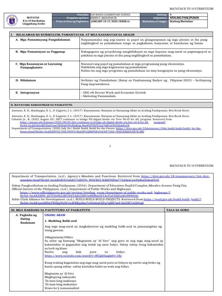 DLL Matatag - Araling Panlipunan 4 Q3 W6 | PDF