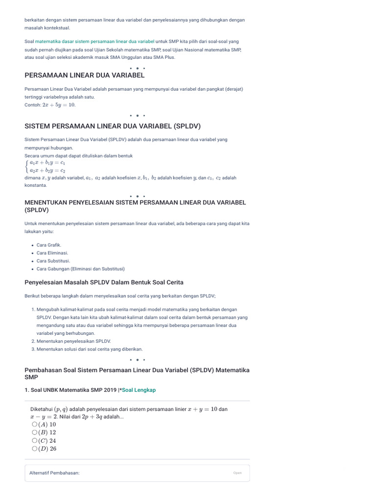 Latihan Soal Soal Sistem Persamaan Linear Dua Variabel (SPLDV) | PDF