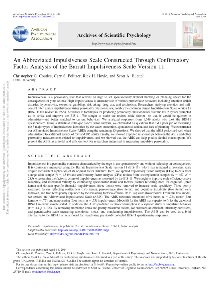 An Abbreviated Impulsiveness Scale Constructed Through Confirmatory ...