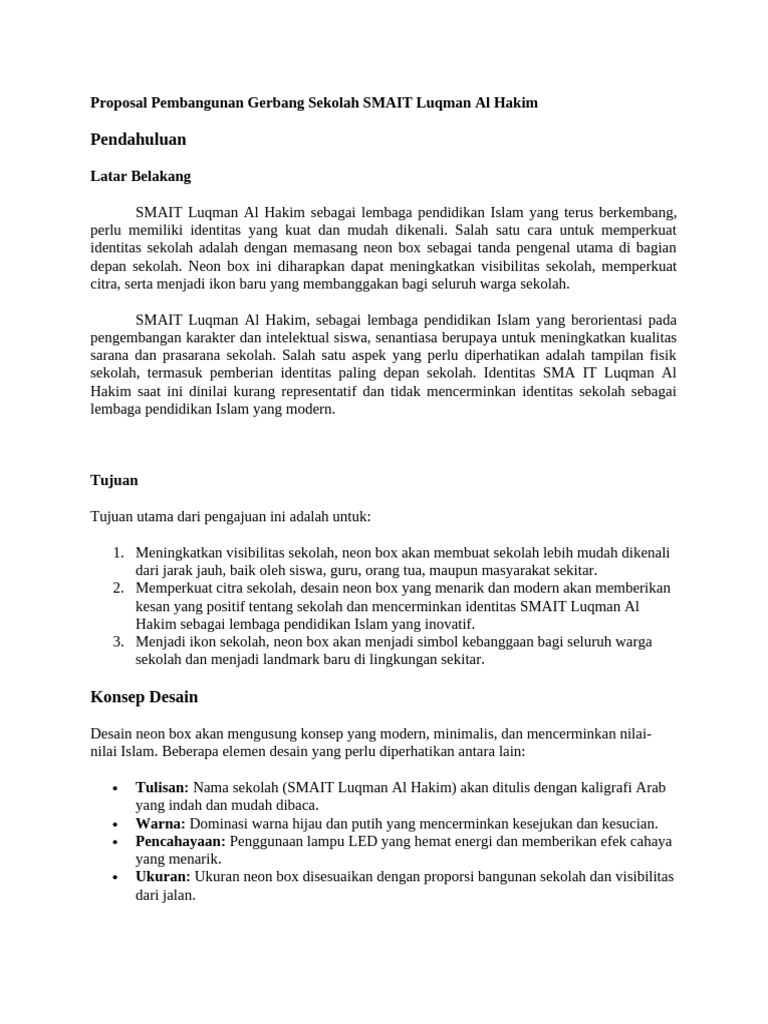 Proposal Pembangunan Gerbang Sekolah SMAIT Luqman Al Hakim | PDF