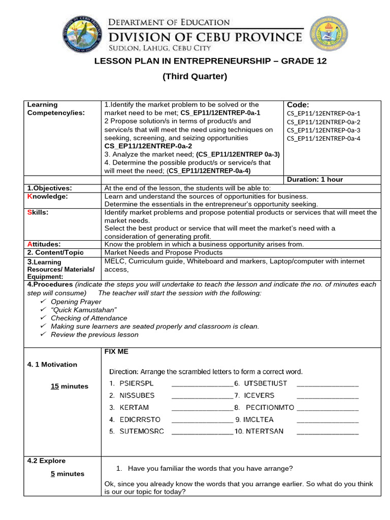 DLP q3 Entrep Code 0a 1-2-3-4 | PDF | Entrepreneurship | Market (Economics)