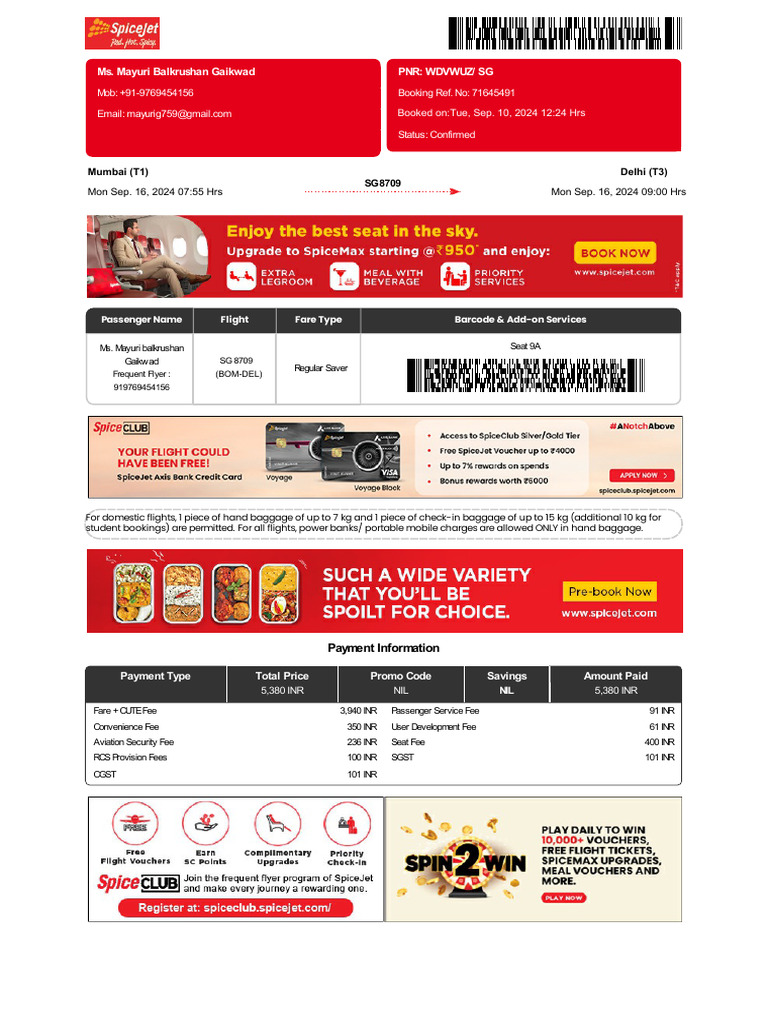 SpiceJet - E-Ticket - PNR - WDVWUZ 30 Aug 2024 Delhi-Mumbai For MS ...