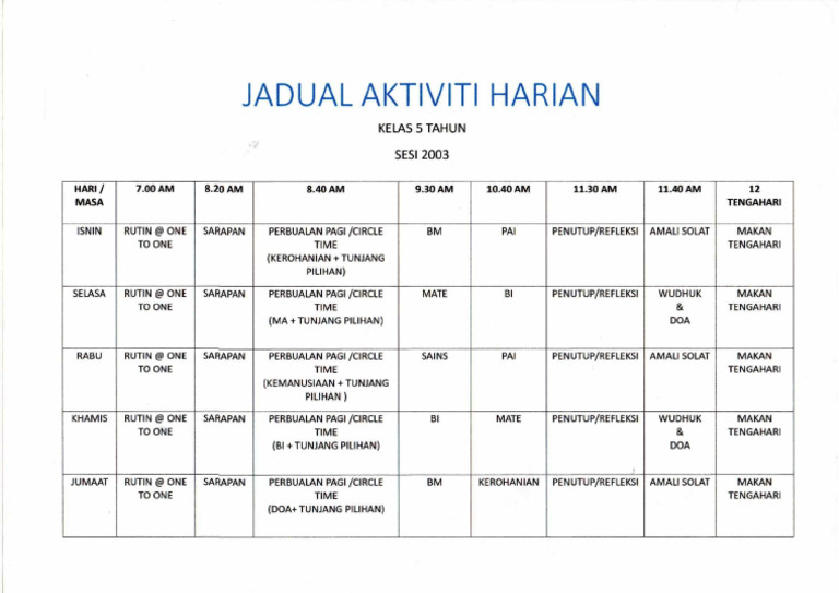 JADUAL AKTIVITI HARIAN TAHUN 5 | PDF