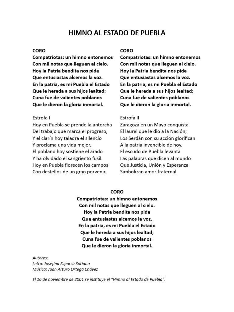 Himno al Estado de Puebla: Letra y Música | PDF