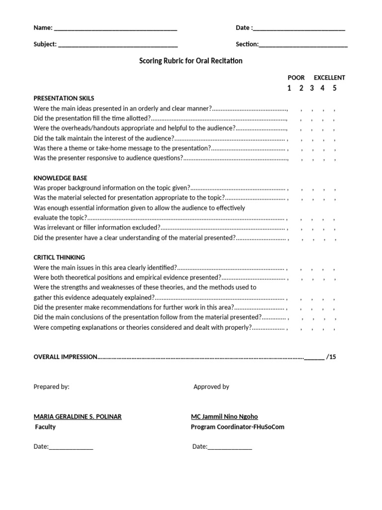 Oral Recitation Rubrics Scoring | PDF | Epistemology Of Science ...