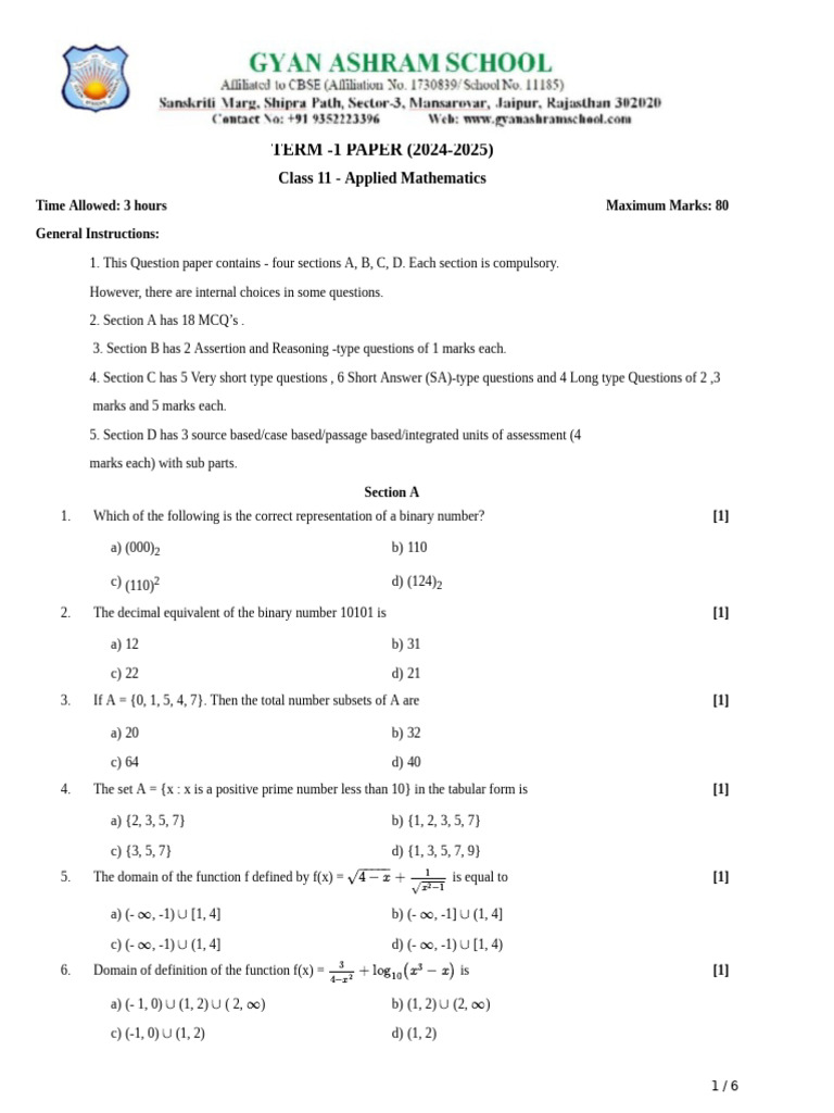 Class 11 Applied Mathematics Term-1 Paper | PDF | Numbers | Mathematics