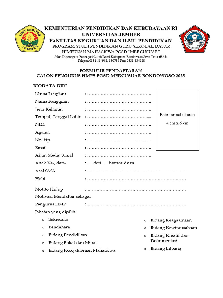 Formulir Pendaftaran Calon Pengurus 2025 | PDF