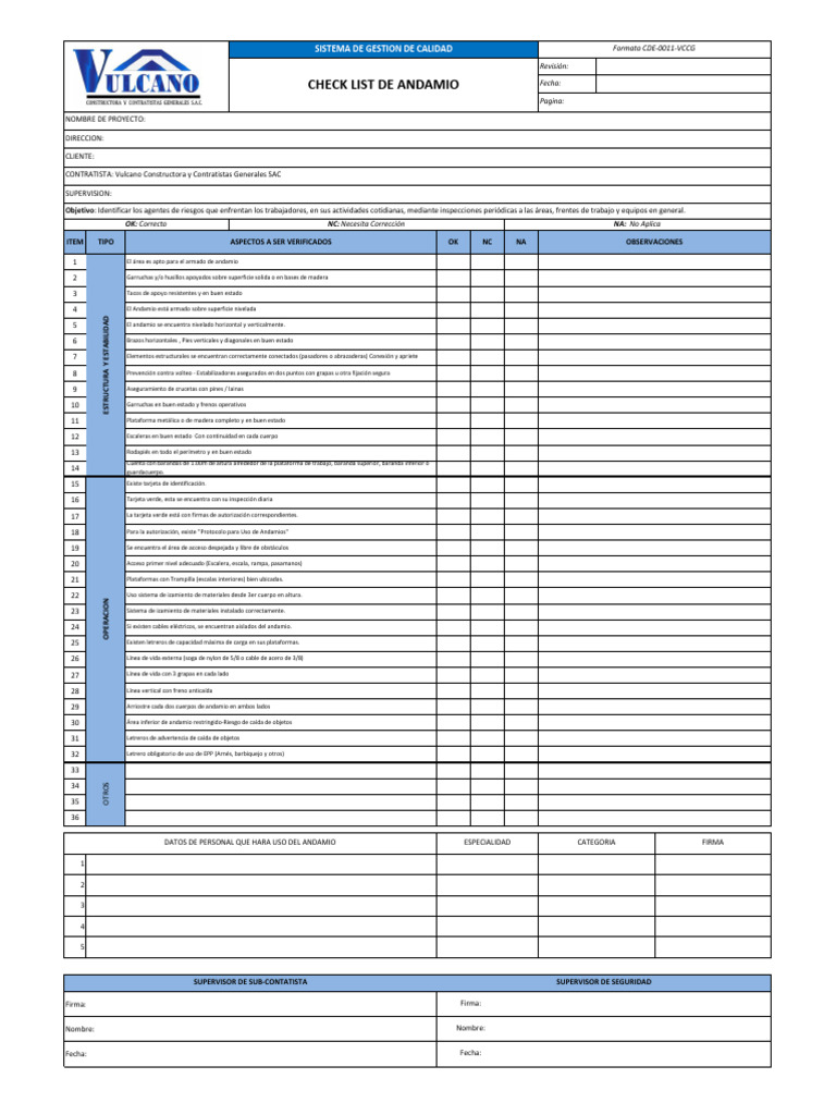 Checklist de Seguridad para Andamios | PDF | Andamio