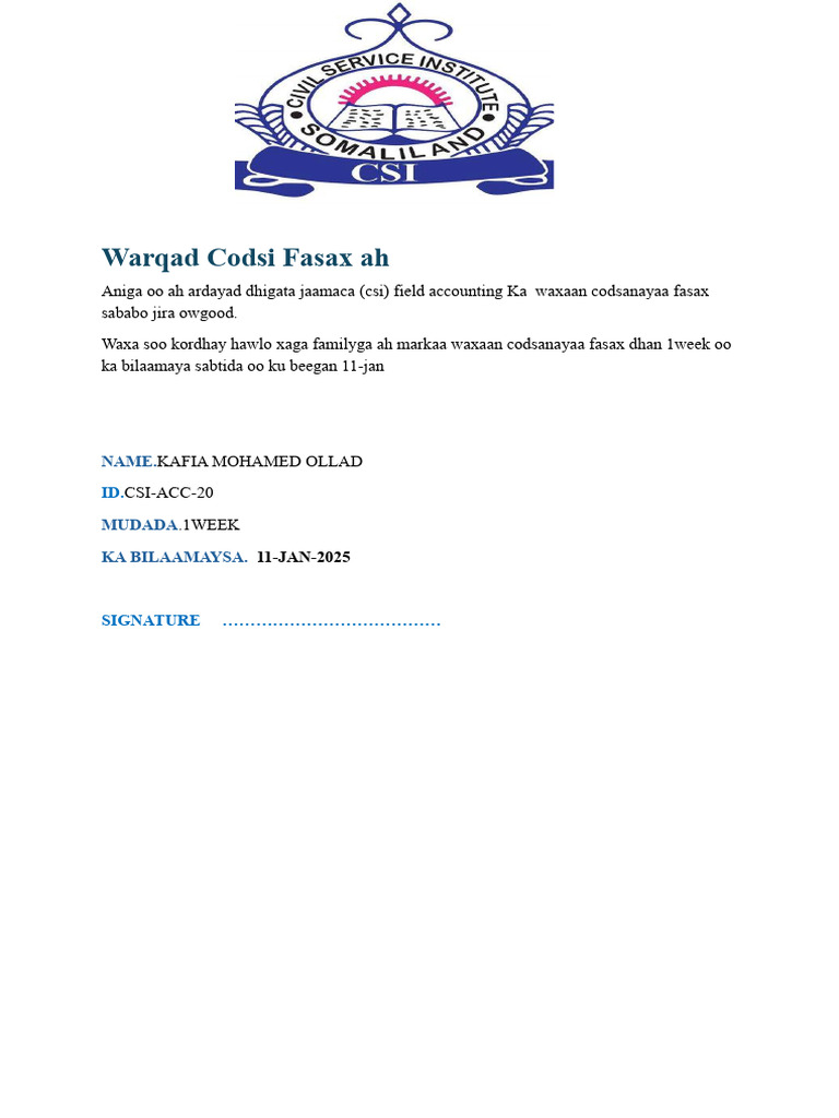 Codsi Fasax Arday Jaamacadeed | PDF