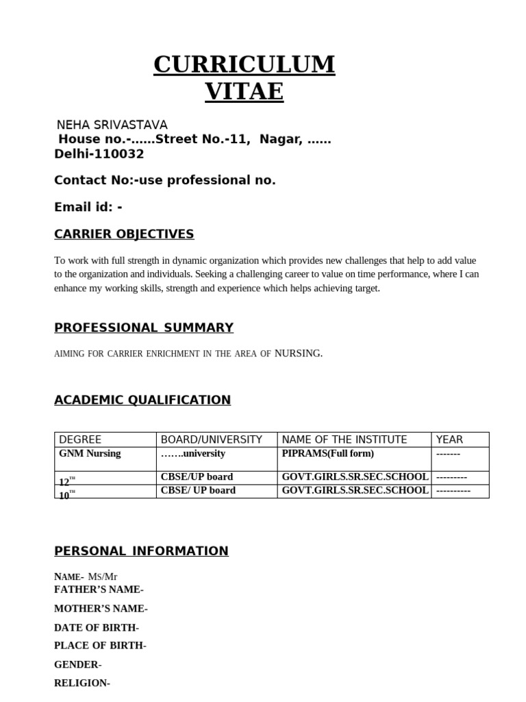 Nursing CV of Neha Srivastava | PDF