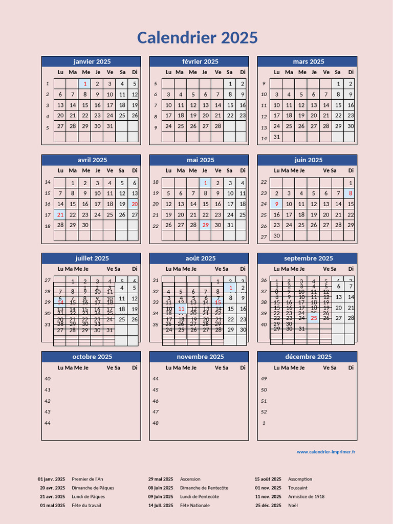 Calendrier 2025 avec jours fériés | PDF