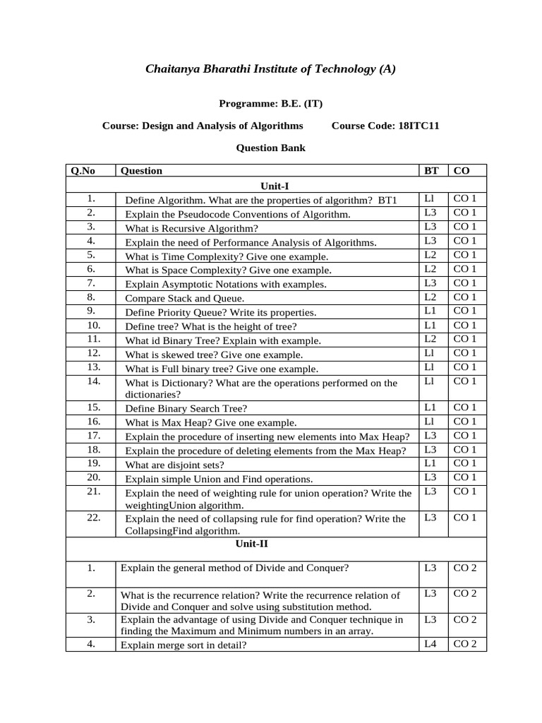 Question Bank DAA | PDF | Applied Mathematics | Algorithms And Data Structures