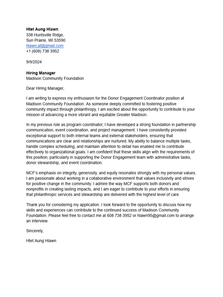 Htet Aung Hlawn - Cover Letter - MCF | PDF