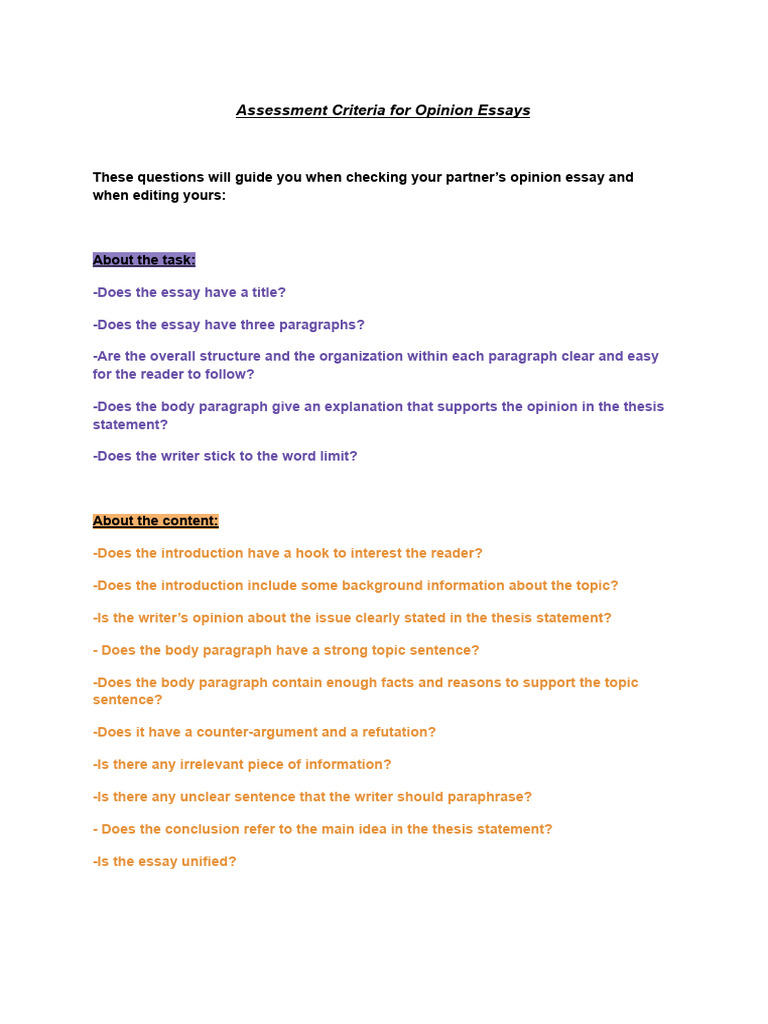 Assessment Criteria for Opinion Essays.docx | PDF