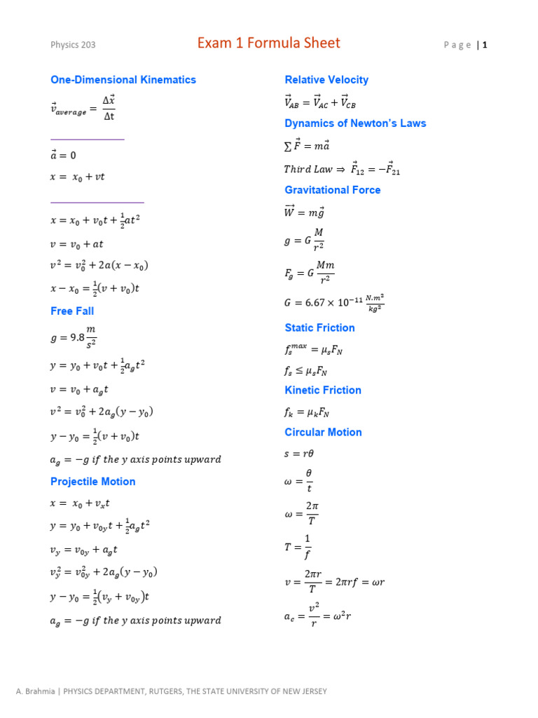 Physics Exam 1 Formula Sheet | PDF | Physical Sciences | Applied And Interdisciplinary Physics