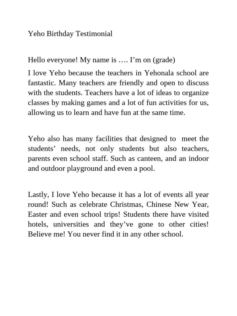 Yeho Birthday Testimonial | PDF