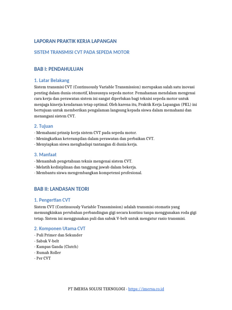 Contoh Laporan PKL TSM Tentang CVT | PDF
