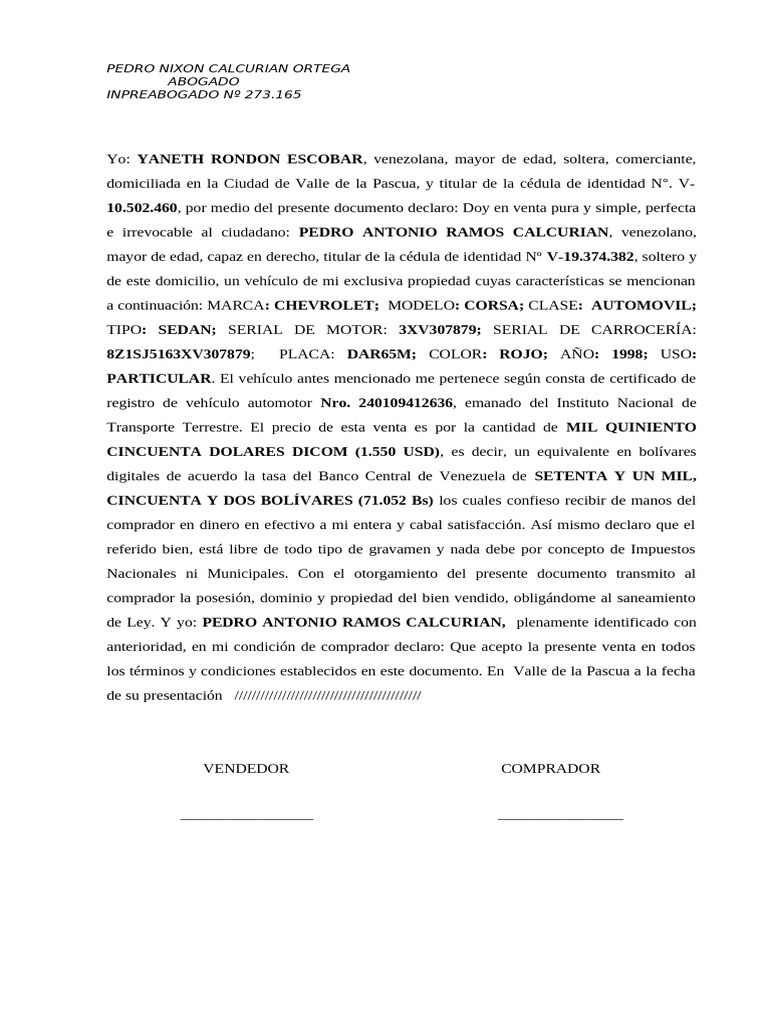 VENTA NOTARIA de Vehículo Corsa | PDF