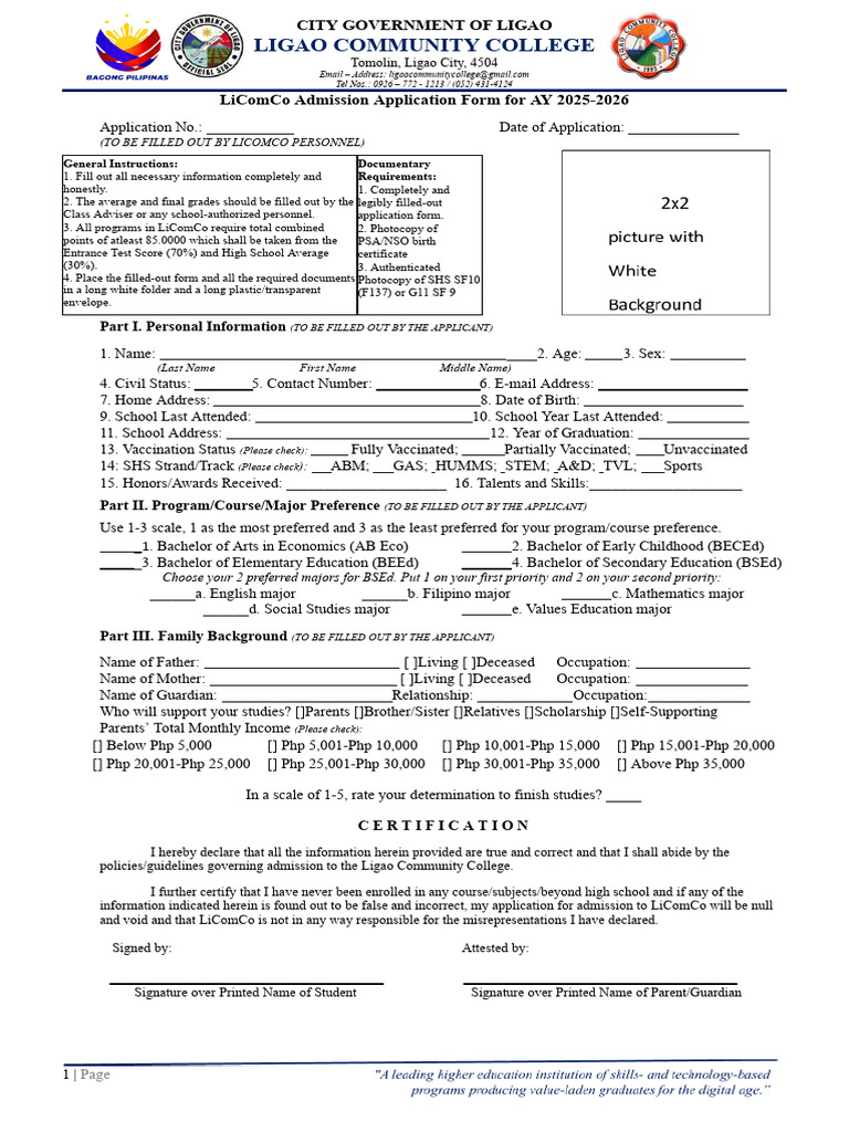 Licomco Admission Application Form | PDF