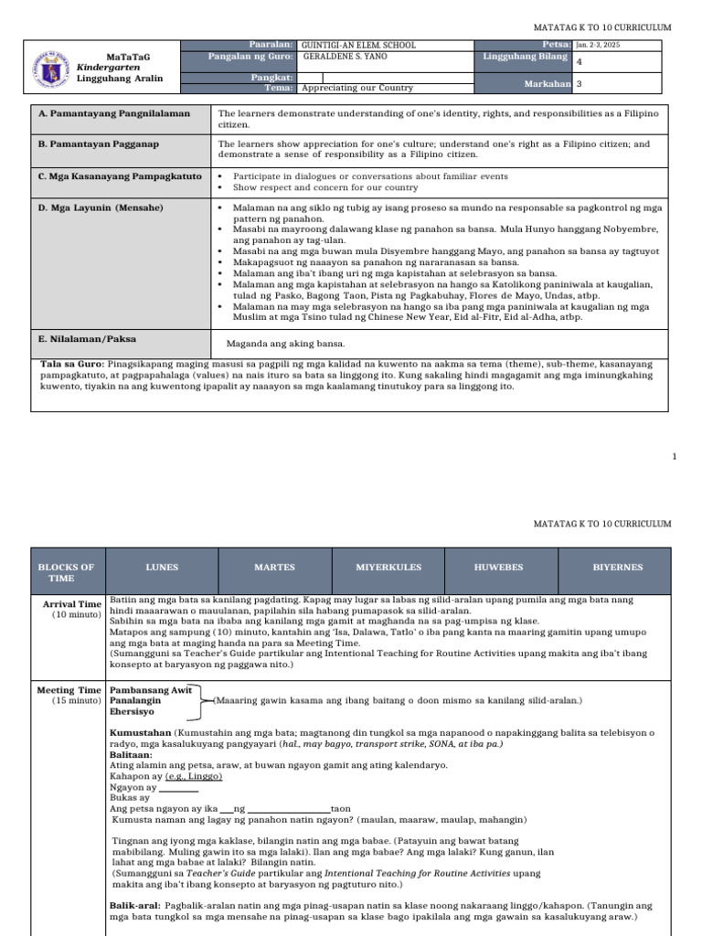 DLL Kindergarten q3 w4 | PDF