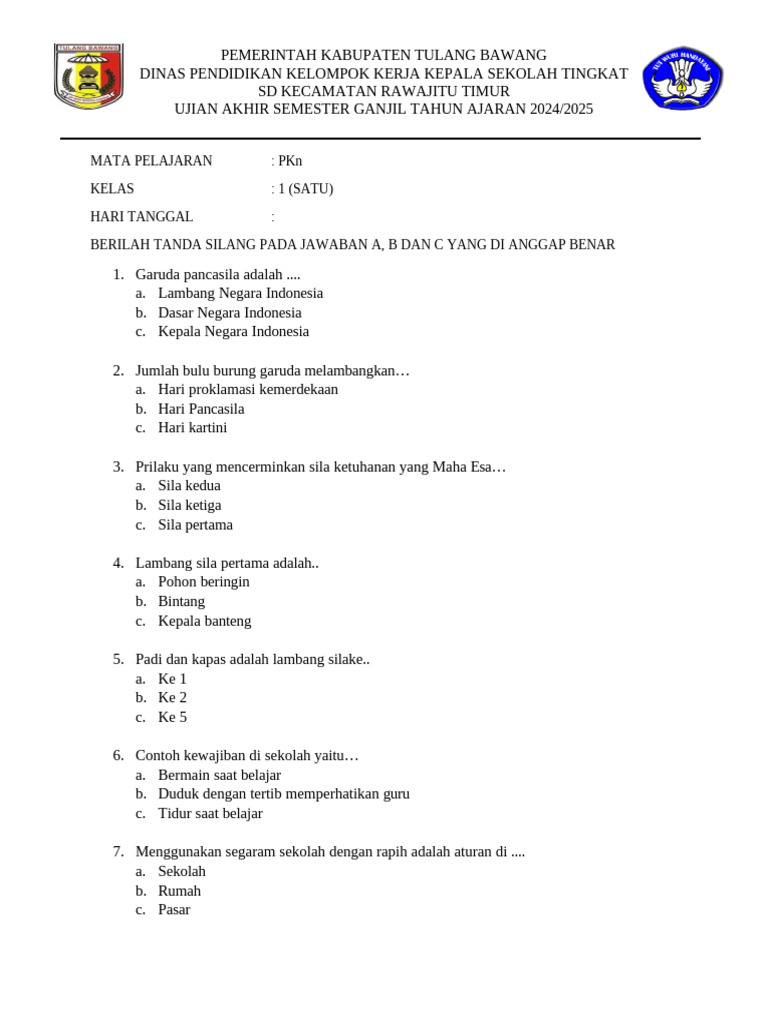 Soal UAS PKn Kelas 1 SD 2024/2025 | PDF