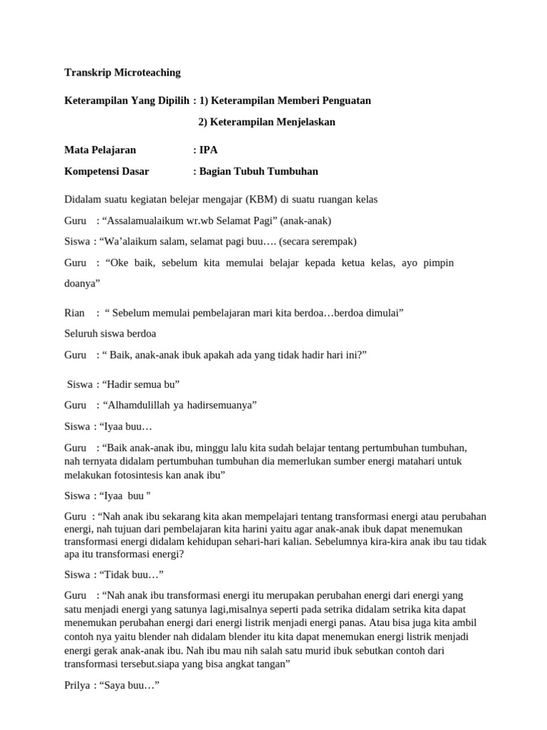 Transkrip Microteaching Alya | PDF
