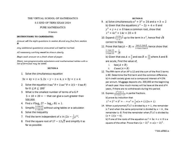 S.5 EOT 1 P1 | PDF | Mathematical Concepts | Elementary Mathematics