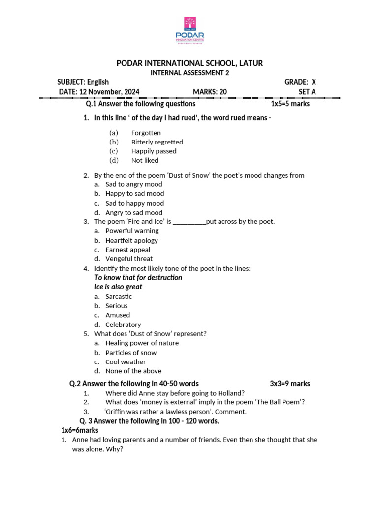 English Internal Assessment for Grade X | PDF