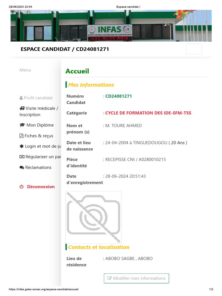 Espace Candidat INFAS 2024 | PDF