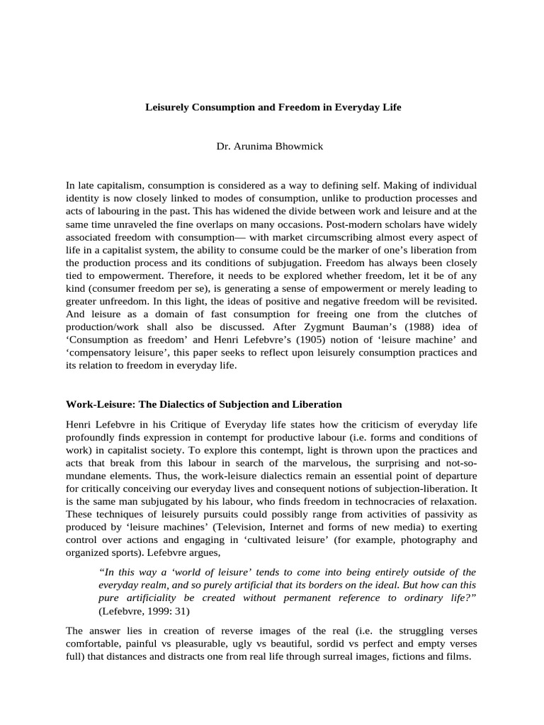 Leisurely Consumption and Freedom in Everyday Life - Paper | PDF ...
